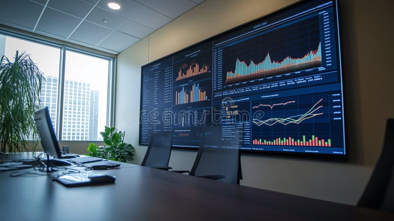 Office with a Large Digital Screen Displaying Complex Financial Data ...