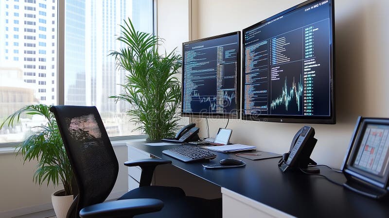 Office with a Large Digital Screen Displaying Complex Financial Data ...