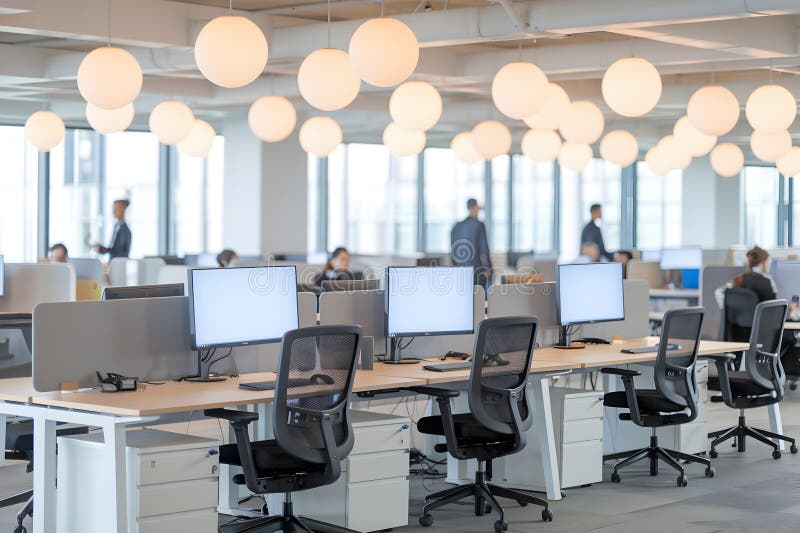 Office Layout with Desks and Orbs, Symbolizing Dynamic Work Environment ...