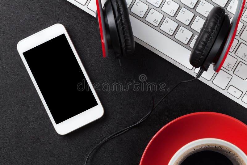 Office Leather Desk with Pc, Smartphone and Coffee Cup Stock Photo ...