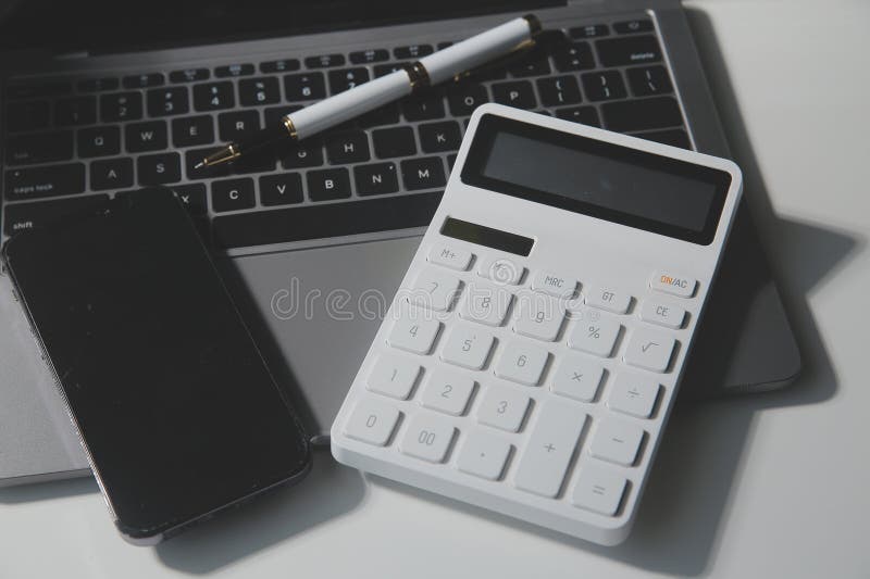 Office Leather Desk Table with Calculator and Pen. Top View with Copy ...