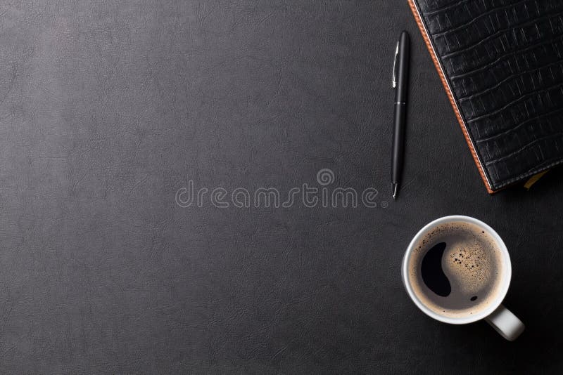 Office Leather Desk Table with Coffee and Supplies Stock Image - Image ...