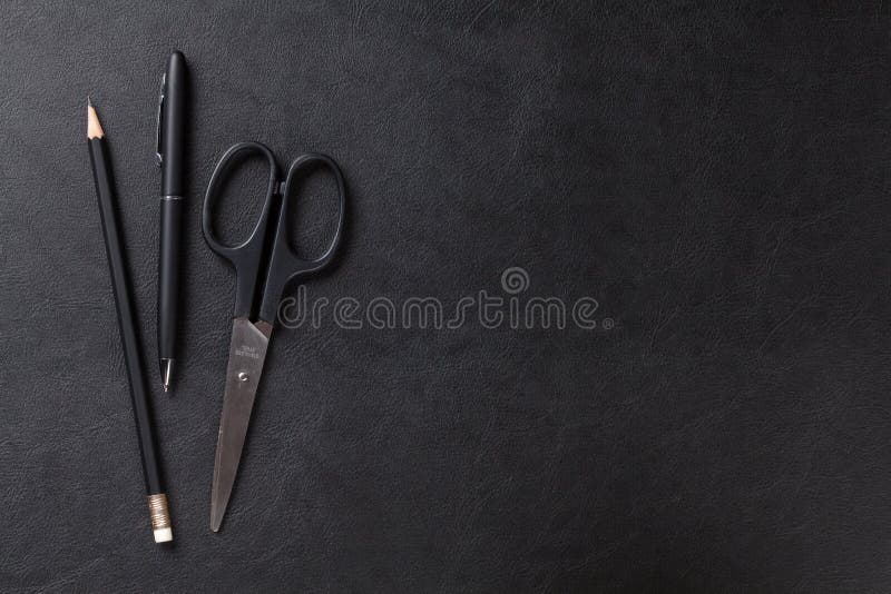 Office Leather Desk Table with Pen, Pencil and Scissors Stock Photo ...