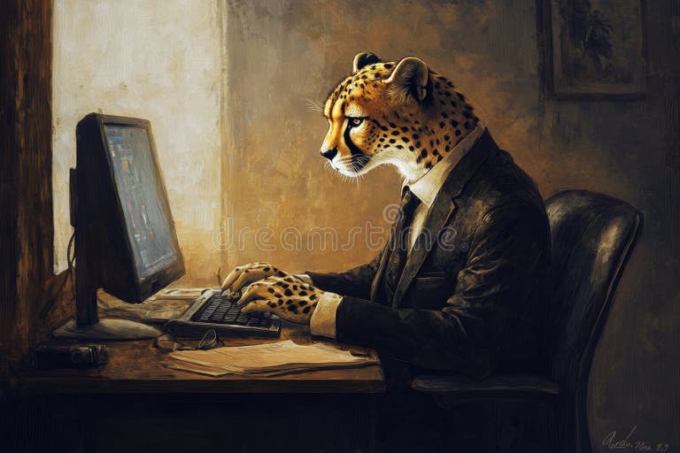 In the Office, a Leopard is Working, with Animals Present and Workers ...