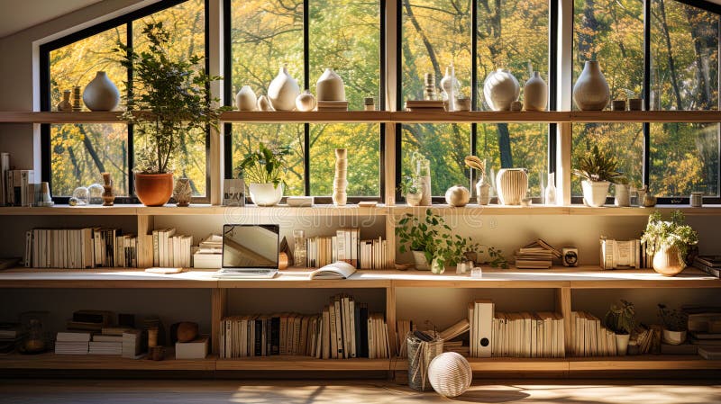 Office Library with Shelves for Books and a Stylish Counte Stock Photo ...