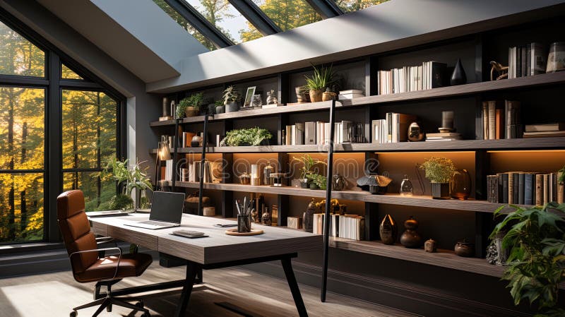 Office Library with Shelves for Books and a Stylish Counter Stock Image ...