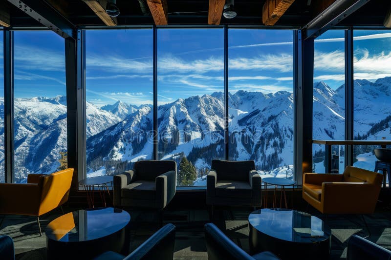 Office Lounge Area with View of Snowy Peaks Stock Image - Image of ...