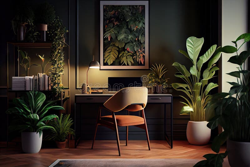 Office with Lush, Green Plants and Warm Lighting for a Serene Workspace ...
