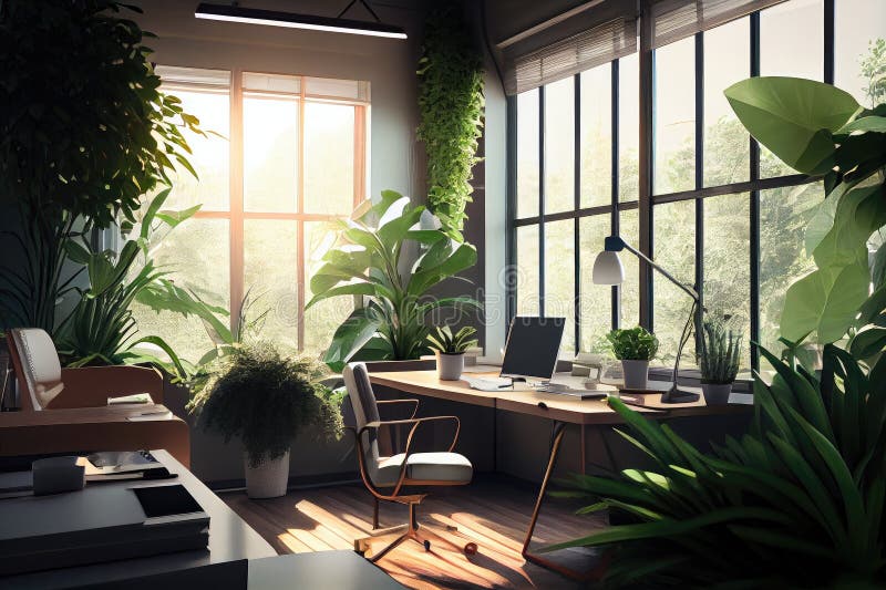 Office with Lush Greenery and Sunlight Streaming in through the Windows ...