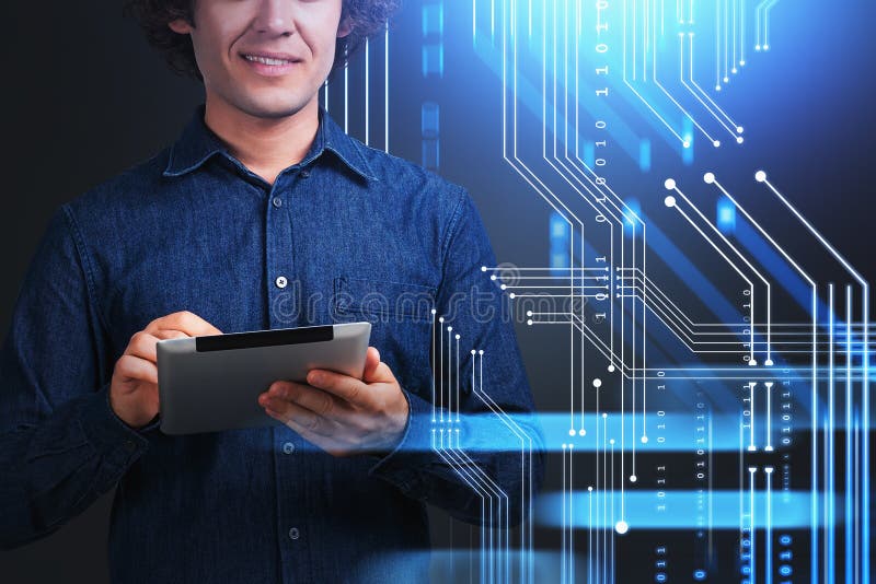 Office Man and Device, Programming Icons and Binary Stock Image - Image ...