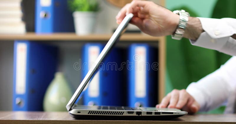 Man Opening Laptop and Starts Typing on Keyboard of Computer. Stock ...