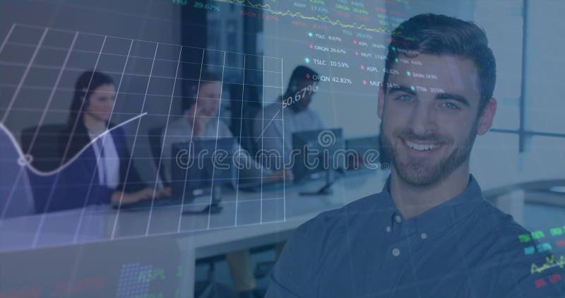 In Office, Man Smiling with Financial Data and Graphs in Animation ...