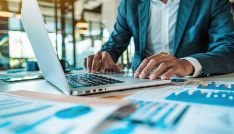 In the Office, a Man in a Suit is Focusing on Typing Tasks Using a ...