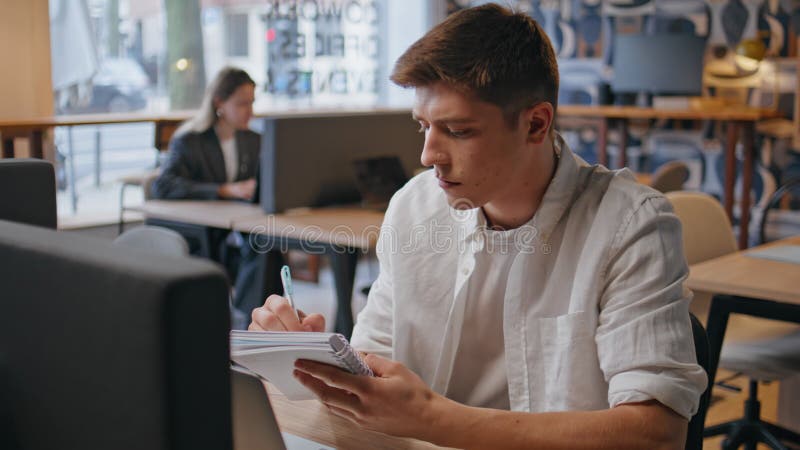 Office Man Taking Notes Writing Notebook Open Space Closeup Guy Putting ...