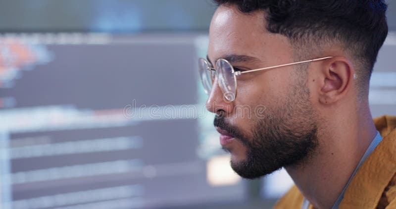 Office Man And Thinking In Computer With Coding As Data Analyst For Programming Or Digital