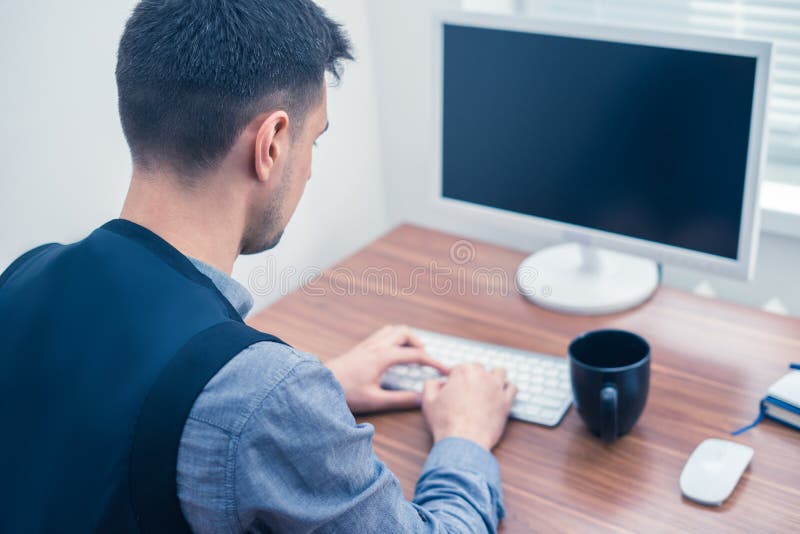 Office Man Typing on Keyboard, Looking at Screen Stock Image - Image of ...