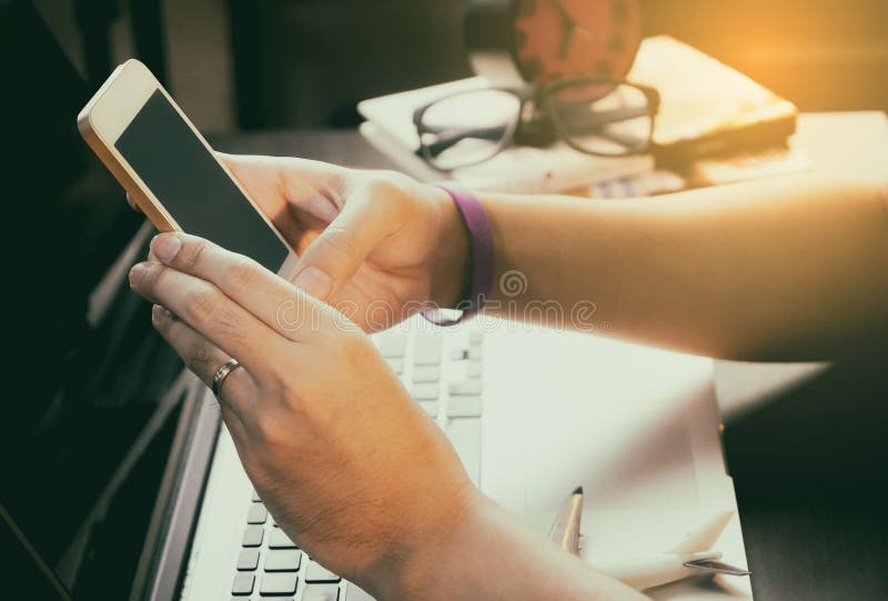 Office Man is Using Phone To Take Photo of Screen. Stock Photo - Image ...