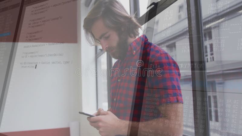 In Office Man Using Smartphone With Programming Code And Animation