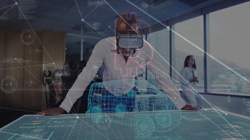 In Office, Man Using Virtual Reality Headset with Animation of Digital ...