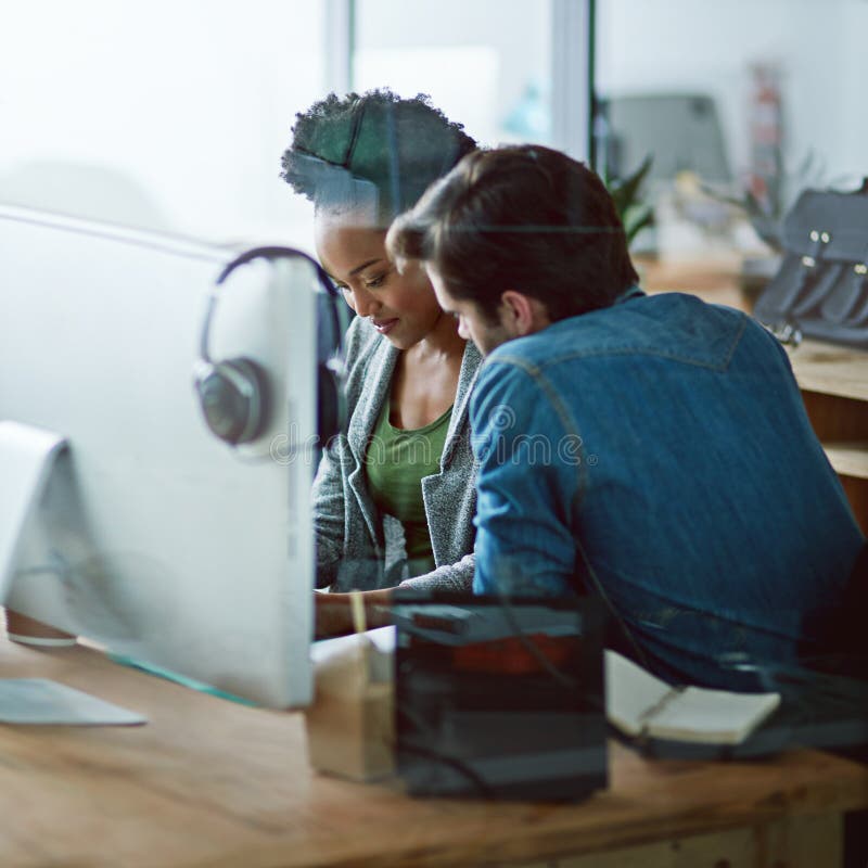 Office, Man and Woman at Computer in Creative Workshop for Planning ...