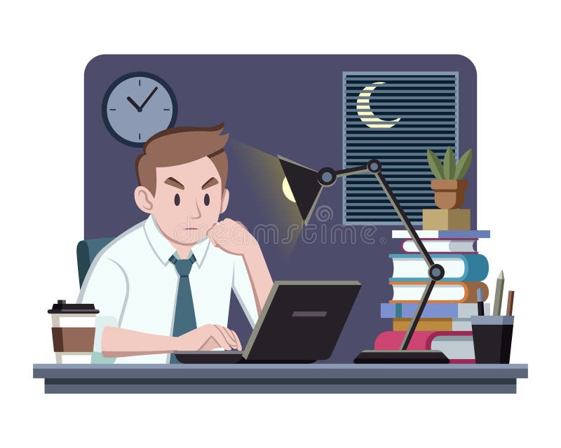 Office Man Working at Night Cartoon Illustration Stock Vector - Illustration of midnight ...