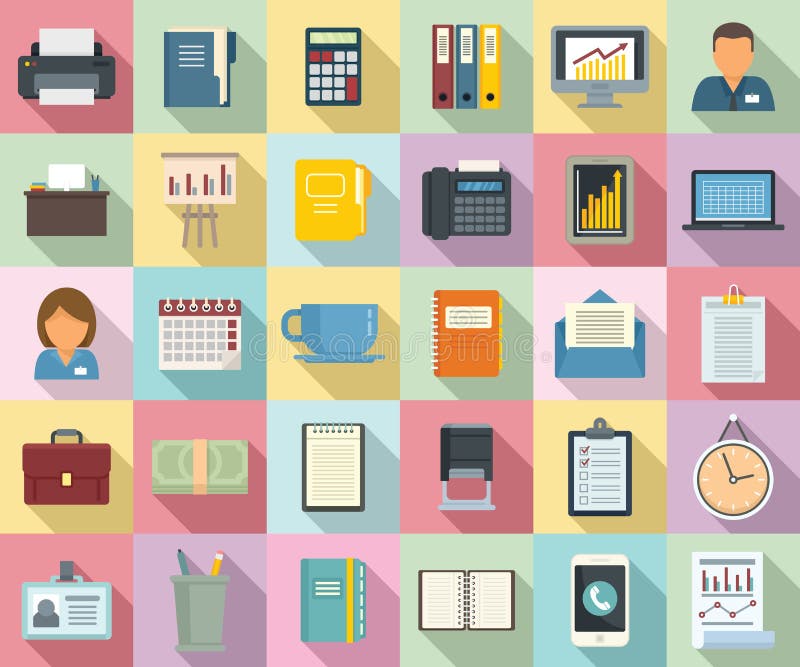 Office Manager Icons Set, Flat Style Stock Vector - Illustration of ...