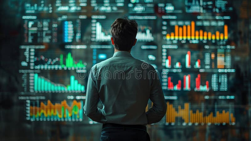 Office Manager Stands before Wall of Digital Data Visualizations Image ...