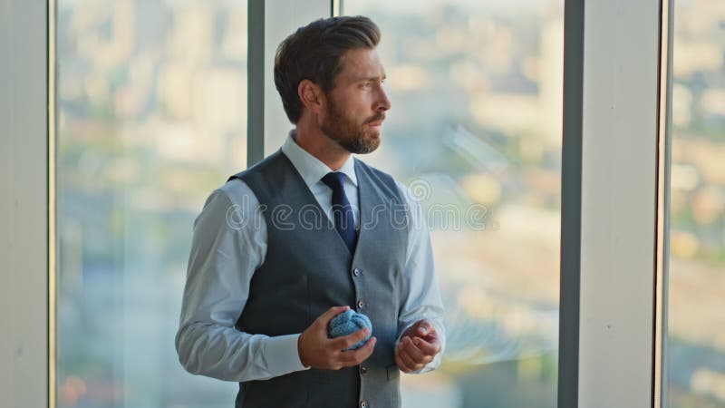 Office Manager Thinking Solution Looking Panoramic Window. Worried Man ...