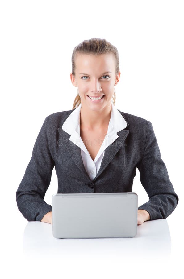 Office Manager Typing on Laptop Isolated on White Stock Image - Image ...