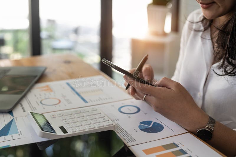 Office Manager Woman Use Mobile Phone on Work Desk Stock Photo - Image ...