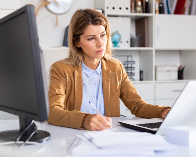 Office Manager Works with Documents and Laptop Stock Photo - Image of ...
