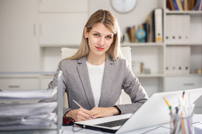 Office Manager Works with Documents and Laptop Stock Photo - Image of ...