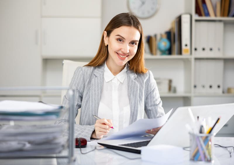 Office Manager Works with Documents and Laptop Stock Photo - Image of ...