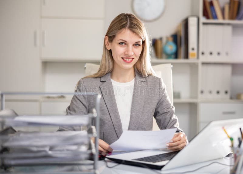 Office Manager Works with Documents and Laptop Stock Photo - Image of ...