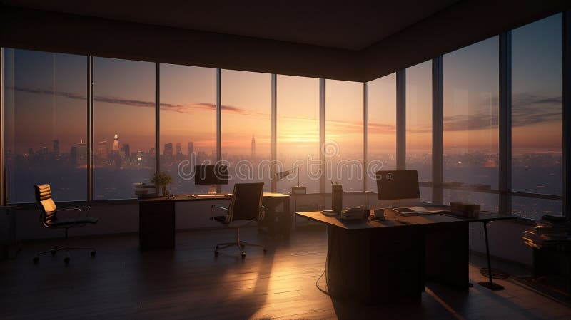 Office with Many Windows in the Sunset. Generative AI Stock Photo ...