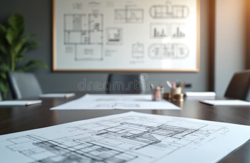 Office Meeting Room with Architectural Blueprints Spread Across Table ...