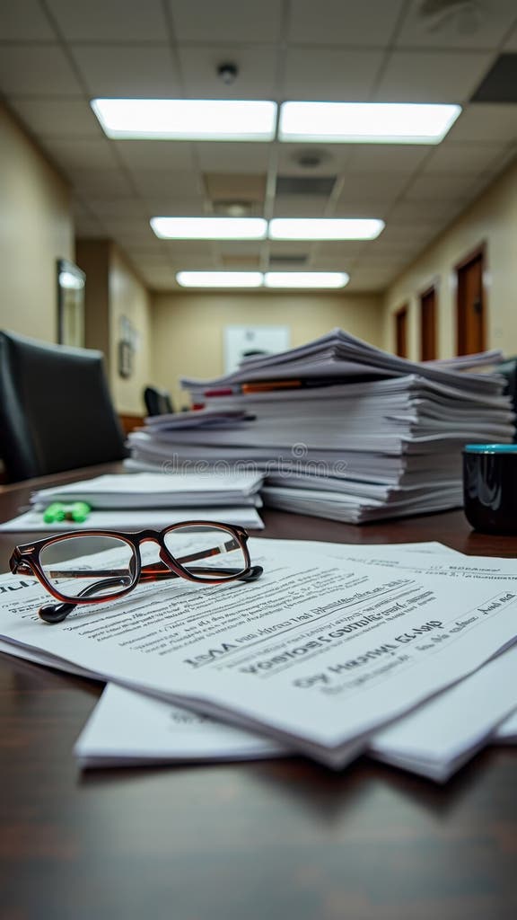 Office Meeting Room with Documents and Eyeglasses on Conference Table ...
