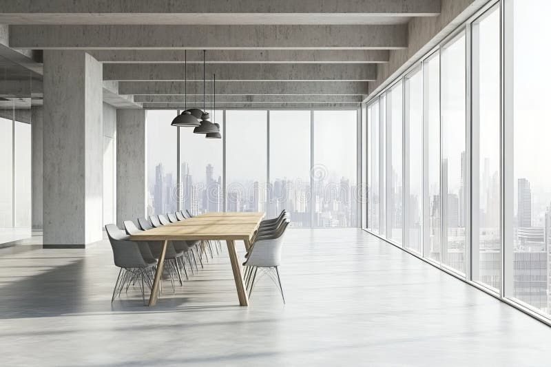 Office Meeting Room Interior with Panoramic Windows and Table and ...