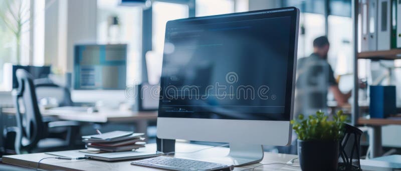 The Monitor Displays Graphs and Charts, and the People are Working on a ...