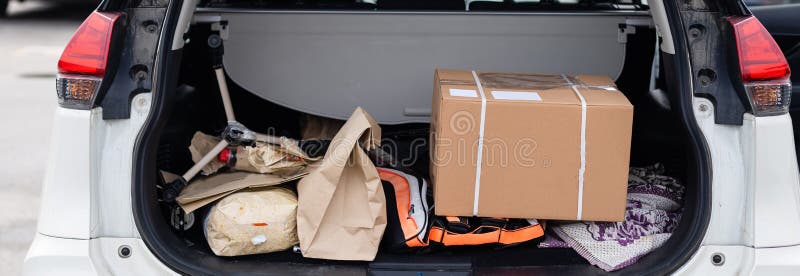 Office Moving Concept. Cartoon Boxes in a Car Trunk Stock Image - Image ...