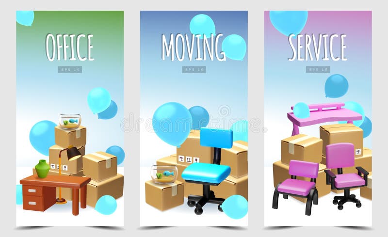 Office Moving Service 3D Cartoon Flyer Vector Set, Delivery Cardboard ...