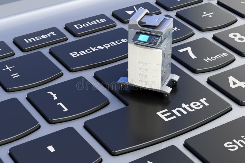 Office Multifunction Printer MFP on Laptop Keyboard. 3D Rendering Stock ...