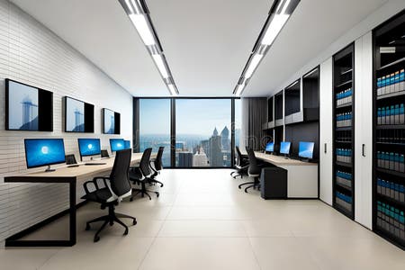 An Office with Multiple Computer Screens on the Wall and Two Desks in ...