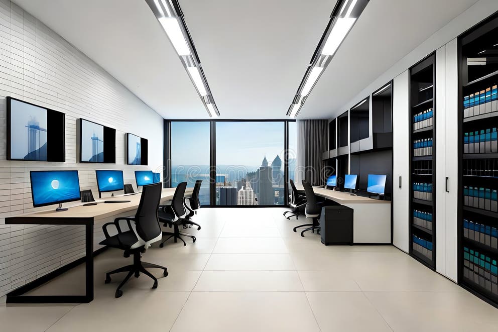 An Office with Multiple Computer Screens on the Wall and Two Desks in ...