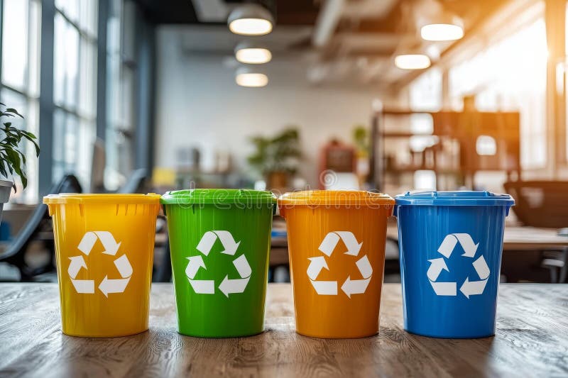 In an Office with Multiple Recycling Bins, Environmental Responsibility ...