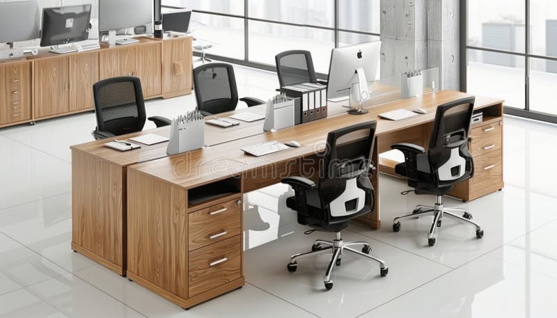 In an Office, a Neat Workspace with Wellarranged Wooden Desks and ...
