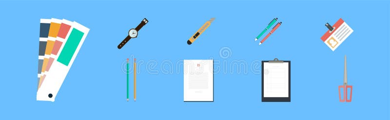 Office Object and Business Workflow Items on Blue Background Vector Set ...