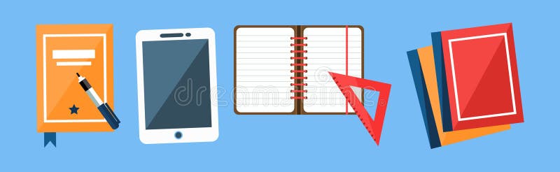 Office Object and Business Workflow Items on Blue Background Vector Set ...