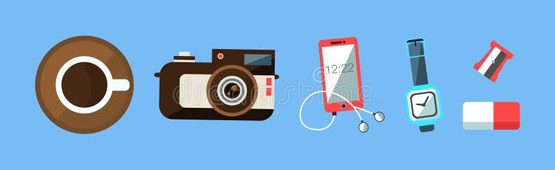 Office Object and Business Workflow Items on Blue Background Vector Set ...