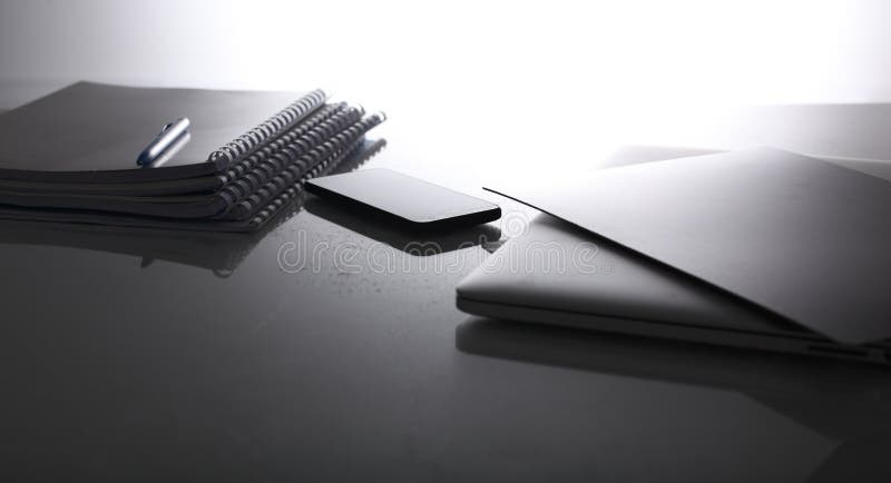 Office Objects and Computer on White Table Stock Image - Image of ...